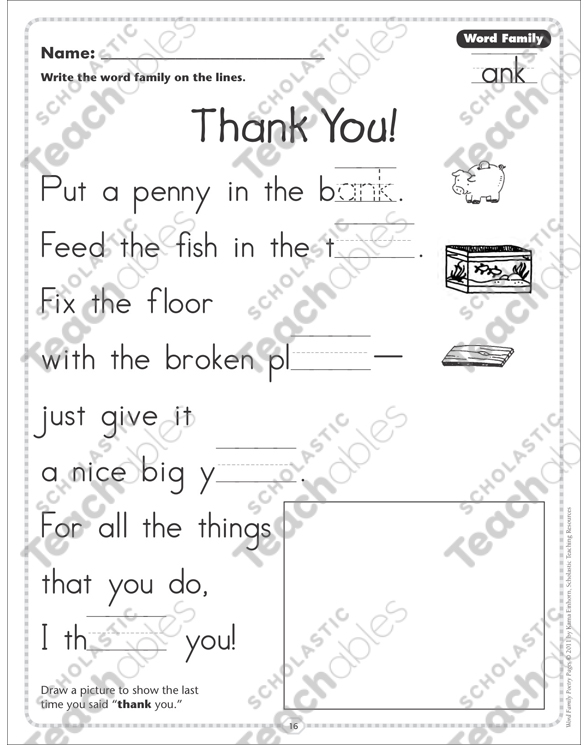 Thank You! (Word Family -ank): Word Family Poetry Page by