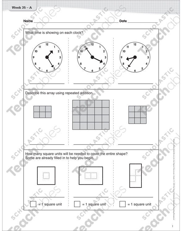 Math Review: Telling Time; Rectangular Arrays/Repeated Addition; Square ...