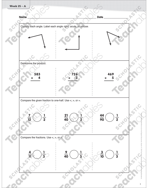 Math Review: Angles, Multiply By One-Digit Numbers, Compare Fractions by