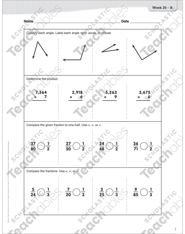 Math Review: Angles, Multiply By One-Digit Numbers, Compare Fractions by
