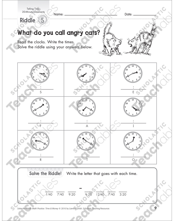 Solve-the-Riddle: Telling Time - 20-, 10-, 5-Minute Increments by
