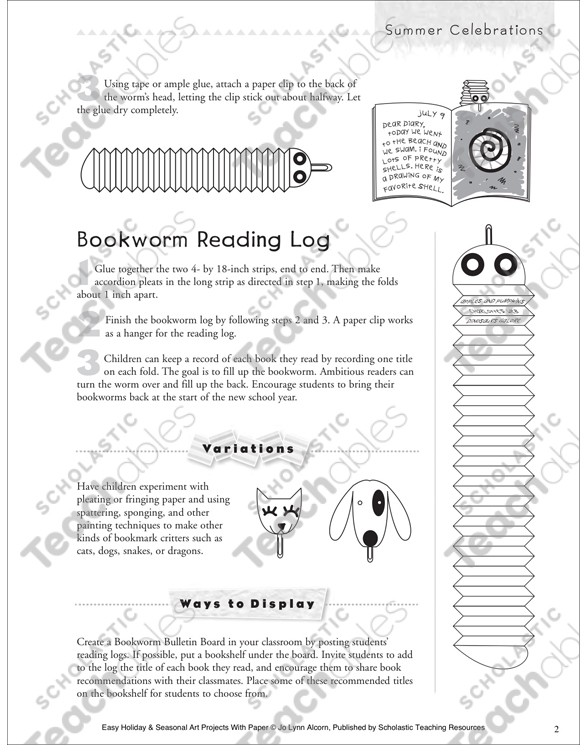 Bookworm Bookmark and Reading Log: Summer Art Project by