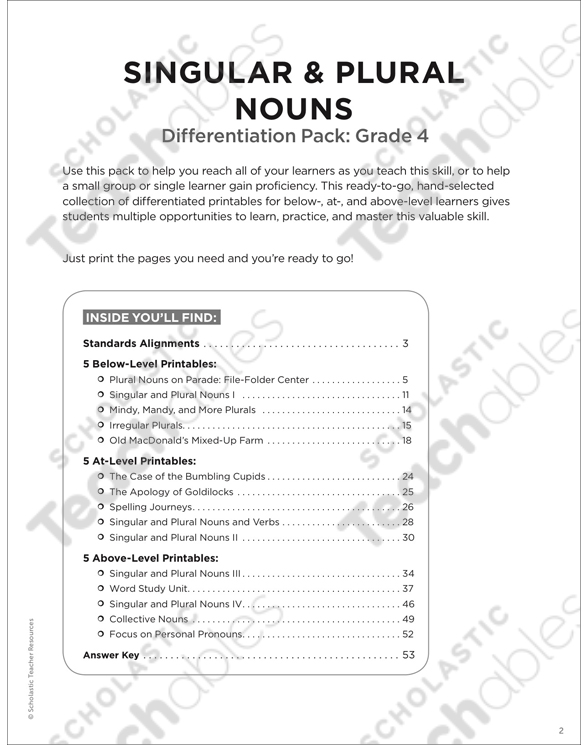 Singular & Plural Nouns Grade 4 Differentiation Pack by