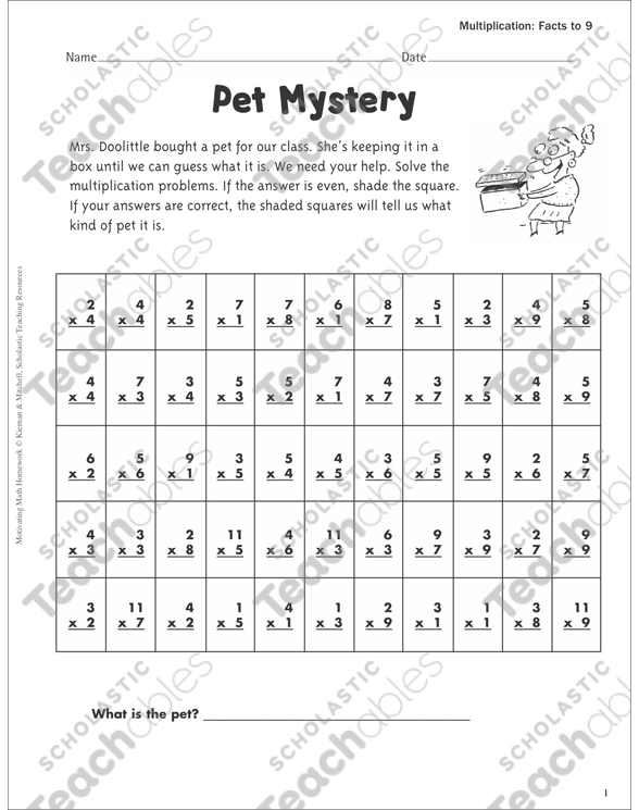 Pet Mystery (Facts to 9): Multiplication Practice Page - Grades 4-5 by