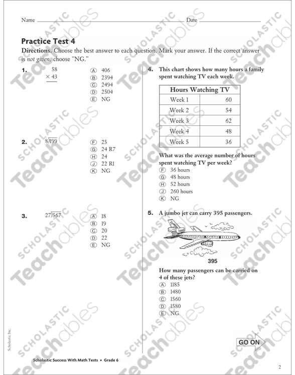 Computation Practice Test 4: Math Skills (Grade 6) by