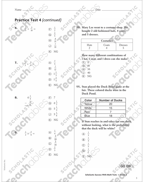 Computation Practice Test 4: Math Skills (Grade 6) by