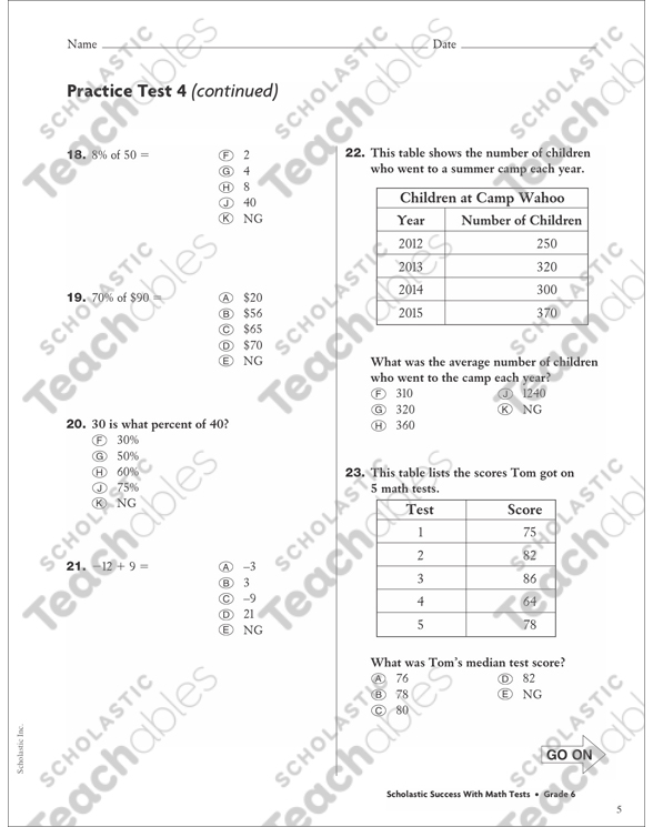 Computation Practice Test 4: Math Skills (Grade 6) by