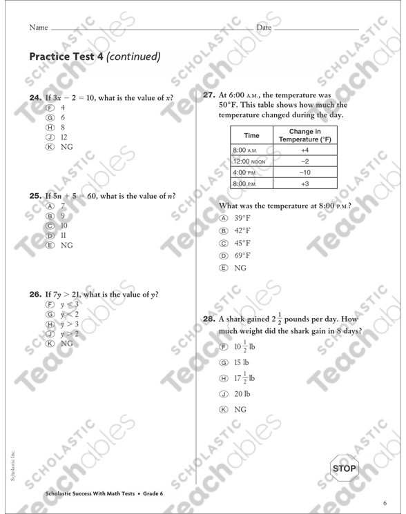 Computation Practice Test 4: Math Skills (Grade 6) by
