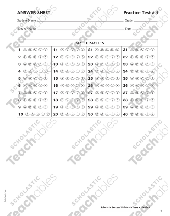 Computation Practice Test 4: Math Skills (Grade 6) by