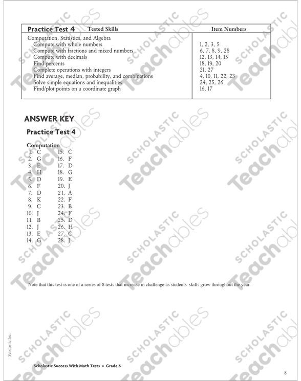 Computation Practice Test 4: Math Skills (Grade 6) by