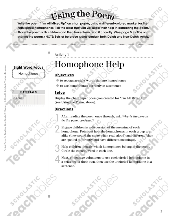 I'm All Mixed Up (Homophones): Sight Words Poem by