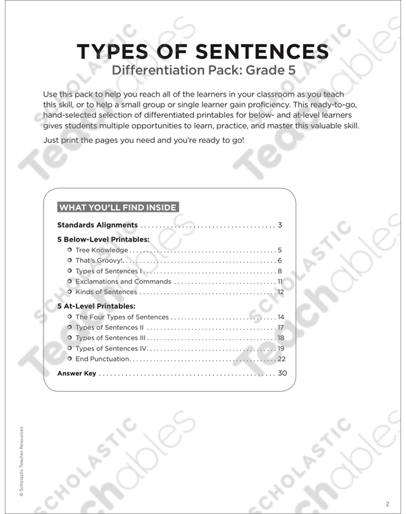 Types of Sentences Grade 5 Differentiation Pack by