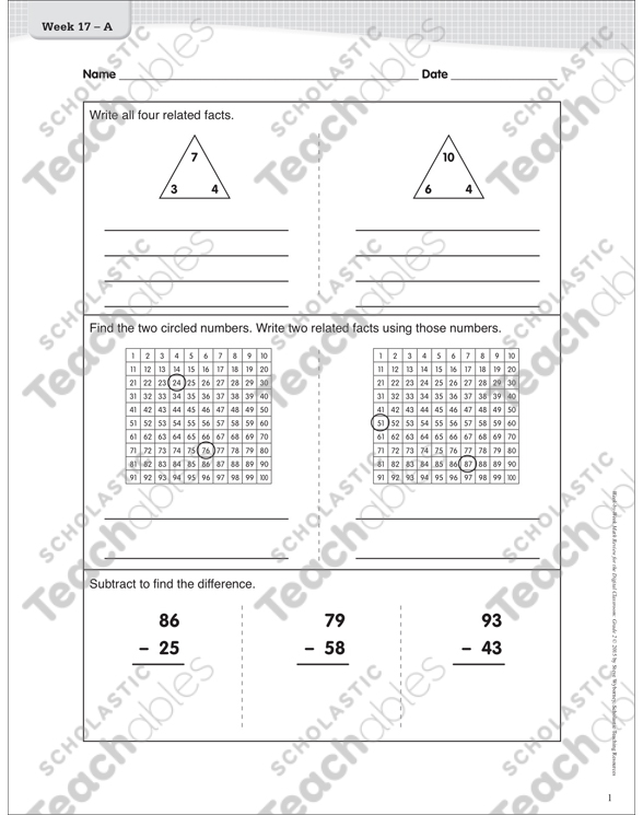 Math Review: Fact Families; Hundred Chart; Subtract 2-Digit Numbers by
