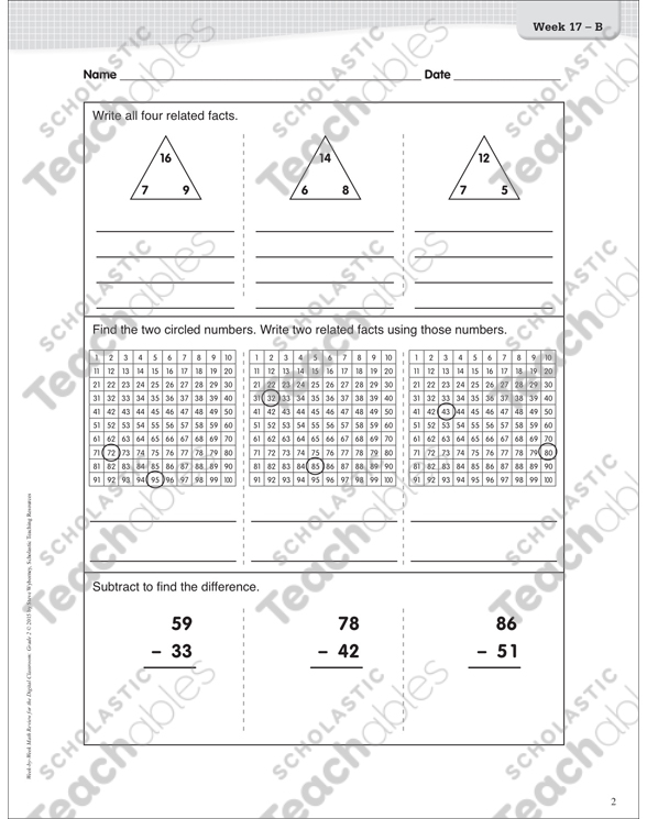 Math Review: Fact Families; Hundred Chart; Subtract 2-Digit Numbers by