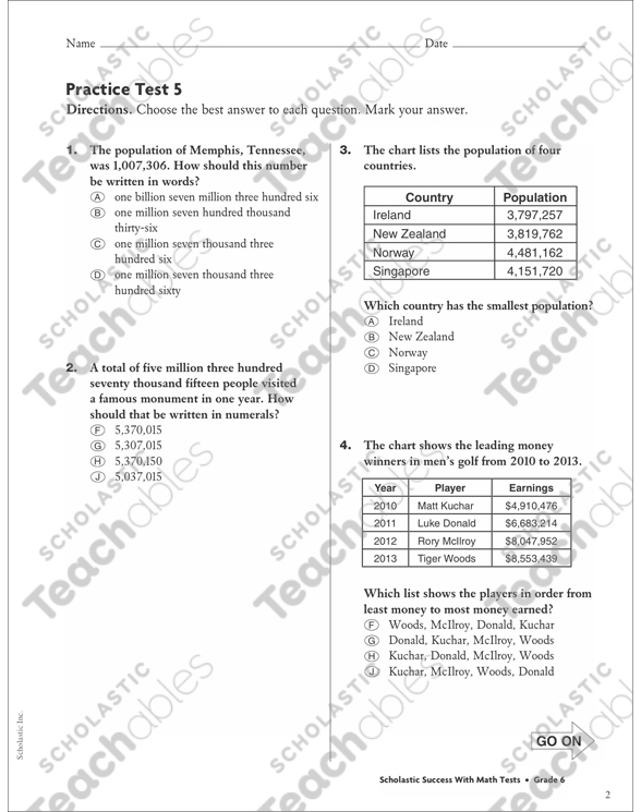 Numeration and Number Concepts Practice Test 5: Math Skills (Grade 6) by
