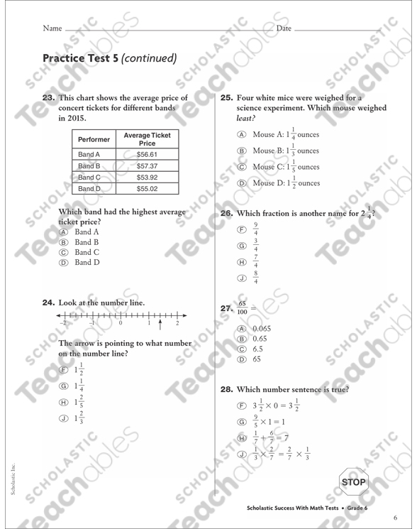 Numeration and Number Concepts Practice Test 5: Math Skills (Grade 6) by