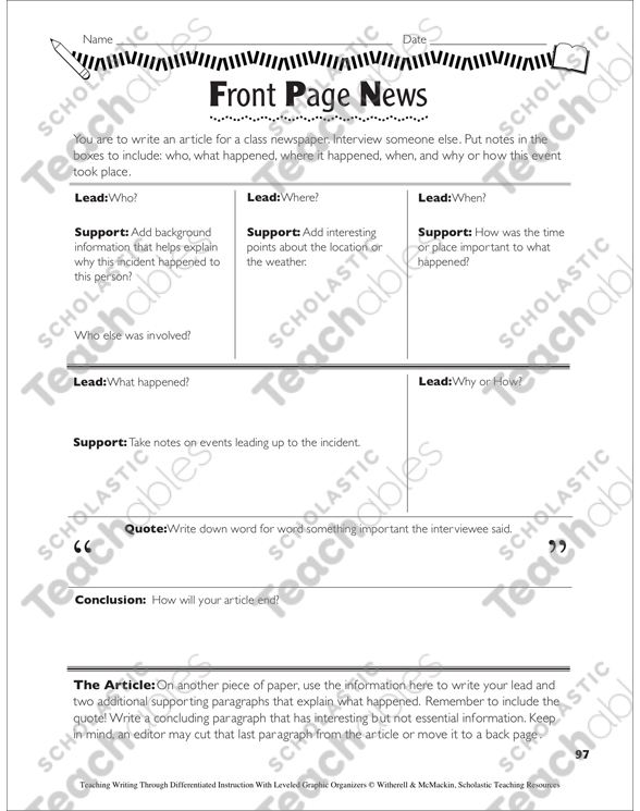 Newspaper Article: Leveled Graphic Organizers by
