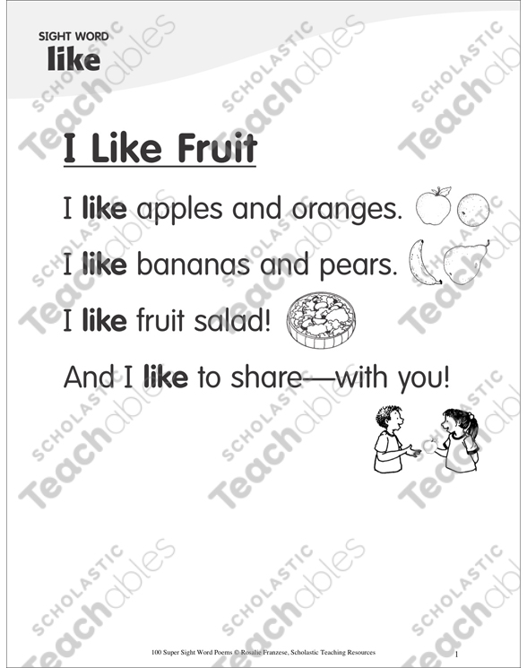 I Like Fruit (Sight Word 'like'): Super Sight Words Poem by