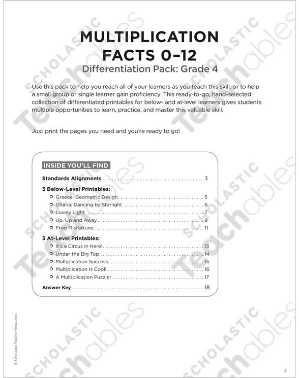 Multiplication Facts 0-12 Grade 4 Differentiation Pack by
