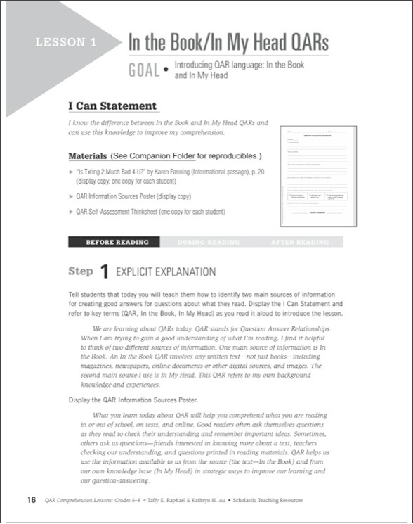 QAR Comprehension Lessons Grades 6-8 by Kathryn H. Au;Taffy E. Raphael