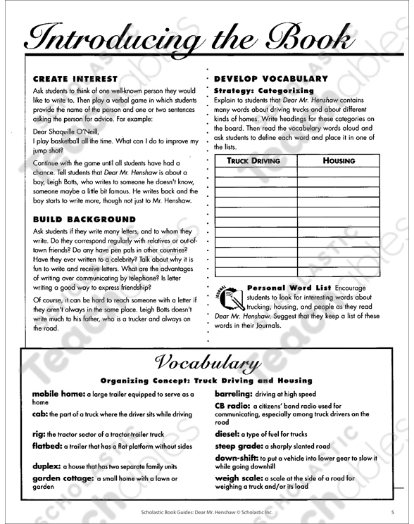 Book Guide: Dear Mr. Henshaw by