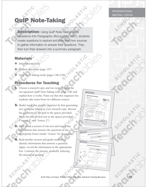 QuIP Note-Taking Grid: Informational Writing Learning Center by