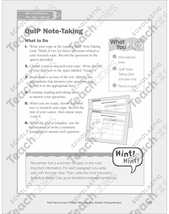 QuIP Note-Taking Grid: Informational Writing Learning Center by