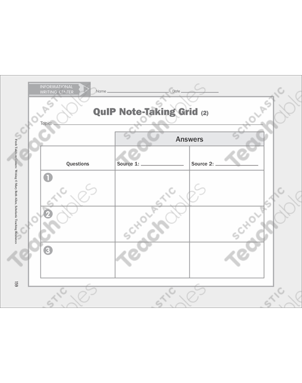 QuIP Note-Taking Grid: Informational Writing Learning Center by