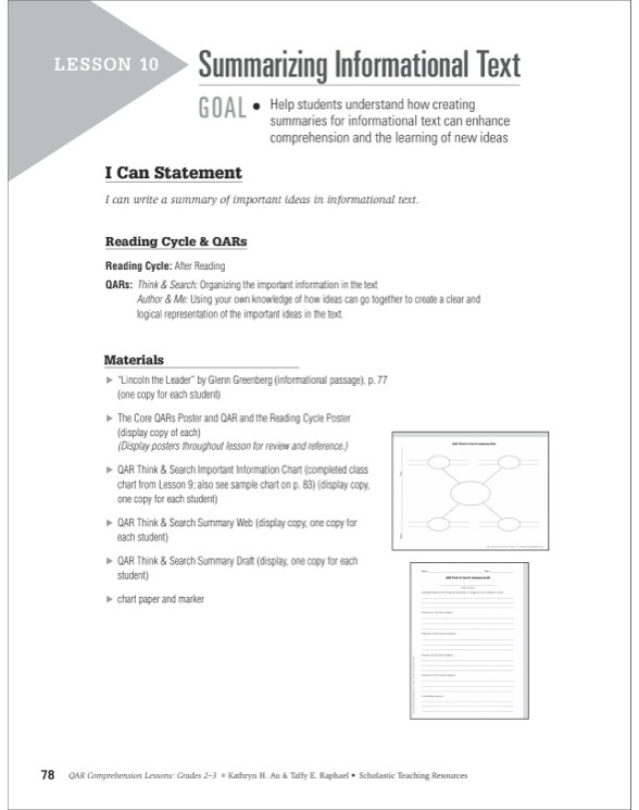 Summarizing Informational Text: QAR Comprehension Lesson (Grades 2-3) by
