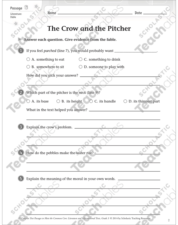 The Crow and the Pitcher Aesop 's Fable: Grade 3 Complex Text Passage ...