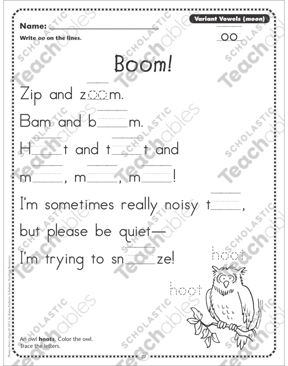 Boom! (Variant Vowels/moon - oo): Phonics Poetry Page by