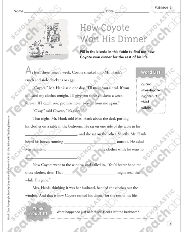 How Coyote Won His Dinner: Quick Cloze Passage (Grades 4-6) by