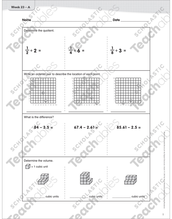 Math Review: Unit Fractions, Ordered Pairs, Subtract Decimals, Volume by