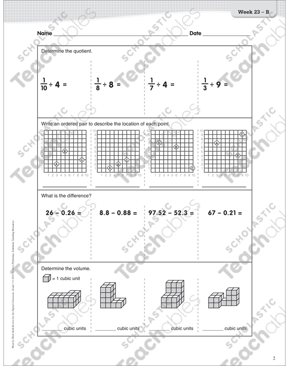 Math Review: Unit Fractions, Ordered Pairs, Subtract Decimals, Volume by