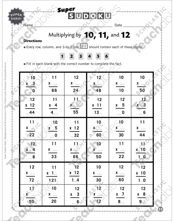 Sudoku Puzzle: Multiplying by 10, 11, and 12 (super-sized) by