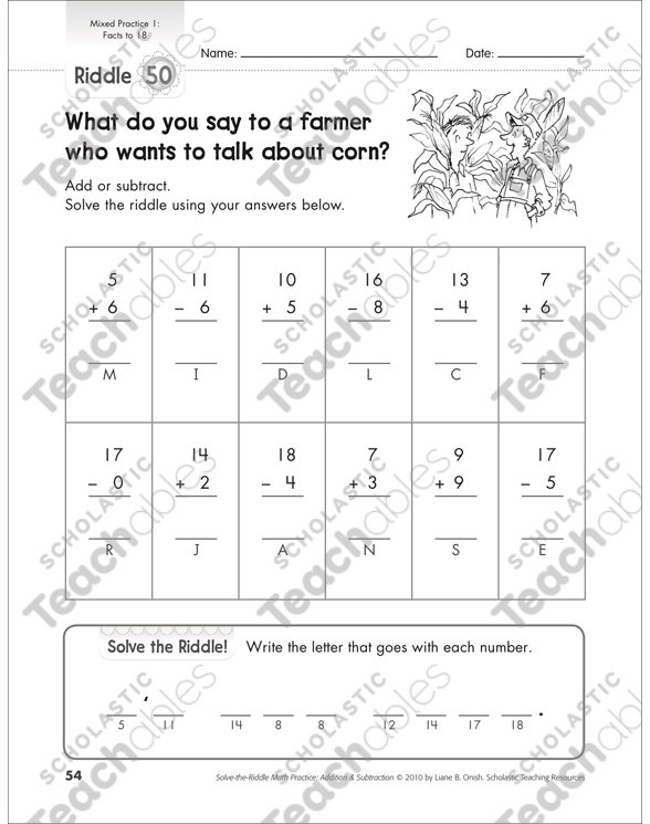 Solve-the-Riddle: Addition and Subtraction - Facts to 18 by