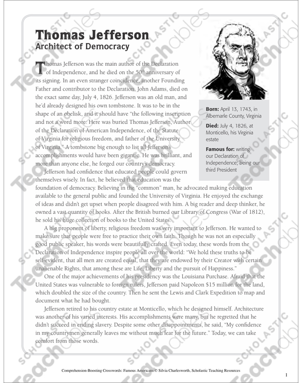Thomas Jefferson: Nonfiction Passage & Crossword Puzzle by