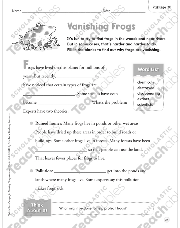 Vanishing Frogs: Quick Cloze Passage (Grades 2-3) by