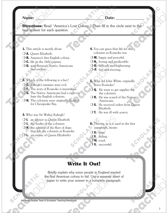 America's Lost Colony: Nonfiction Passage and Short Test by