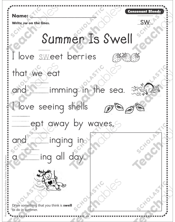 Summer Is Swell (Consonant Blends - sw): Phonics Poetry Page by