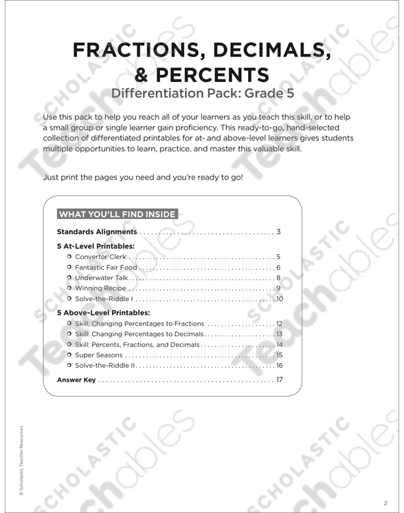 Fractions, Decimals, & Percents Grade 5 Differentiation Pack by